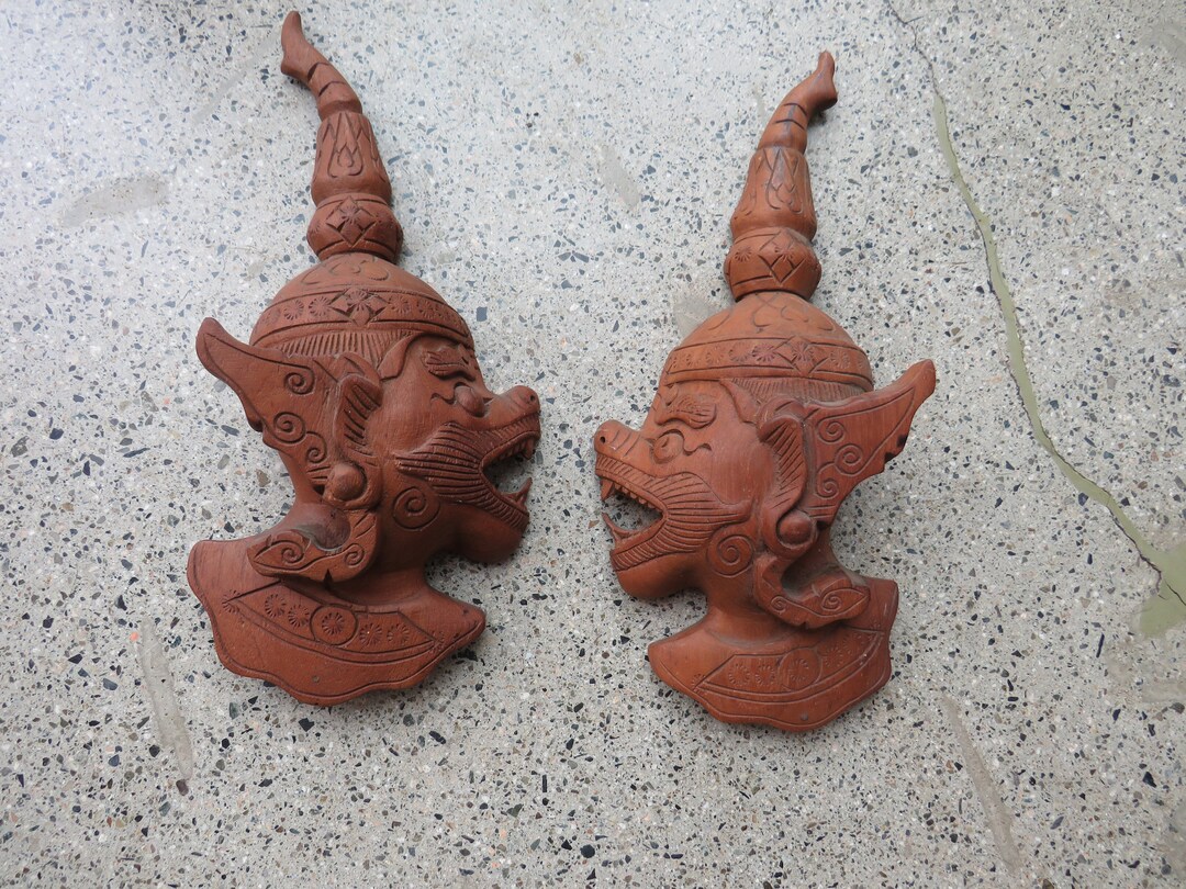 Vintage Carved Teak Wood Yaksha Thai Temple God Warrior Heads Mask Set ...