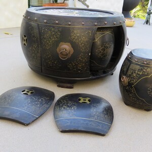 Jinlong Beijing Chinese Drum Coffee Table With 3 Stools Black Lacquer ...