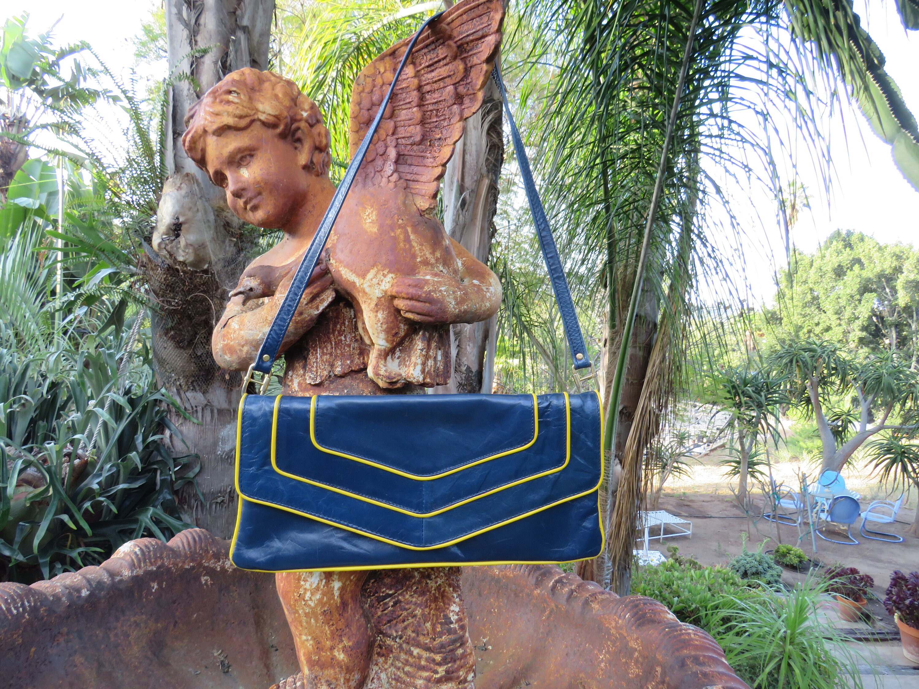 Vintage Blue and Yellow 80s Leather Purse Handbag Clutch Made in Italy ...