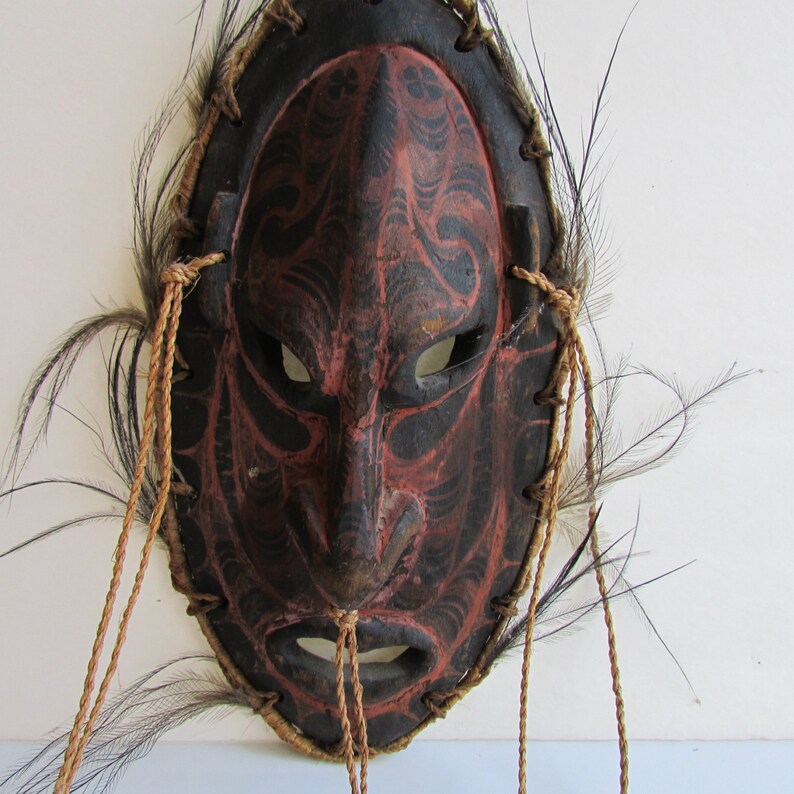 Carved Wooden Mask Oceana Feathers Raffia Cane Ethnographic Art - Etsy