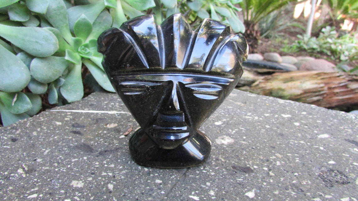 Carved Stone Sculpture Aztec Warrior Face Gold Flecked Onyx - Etsy