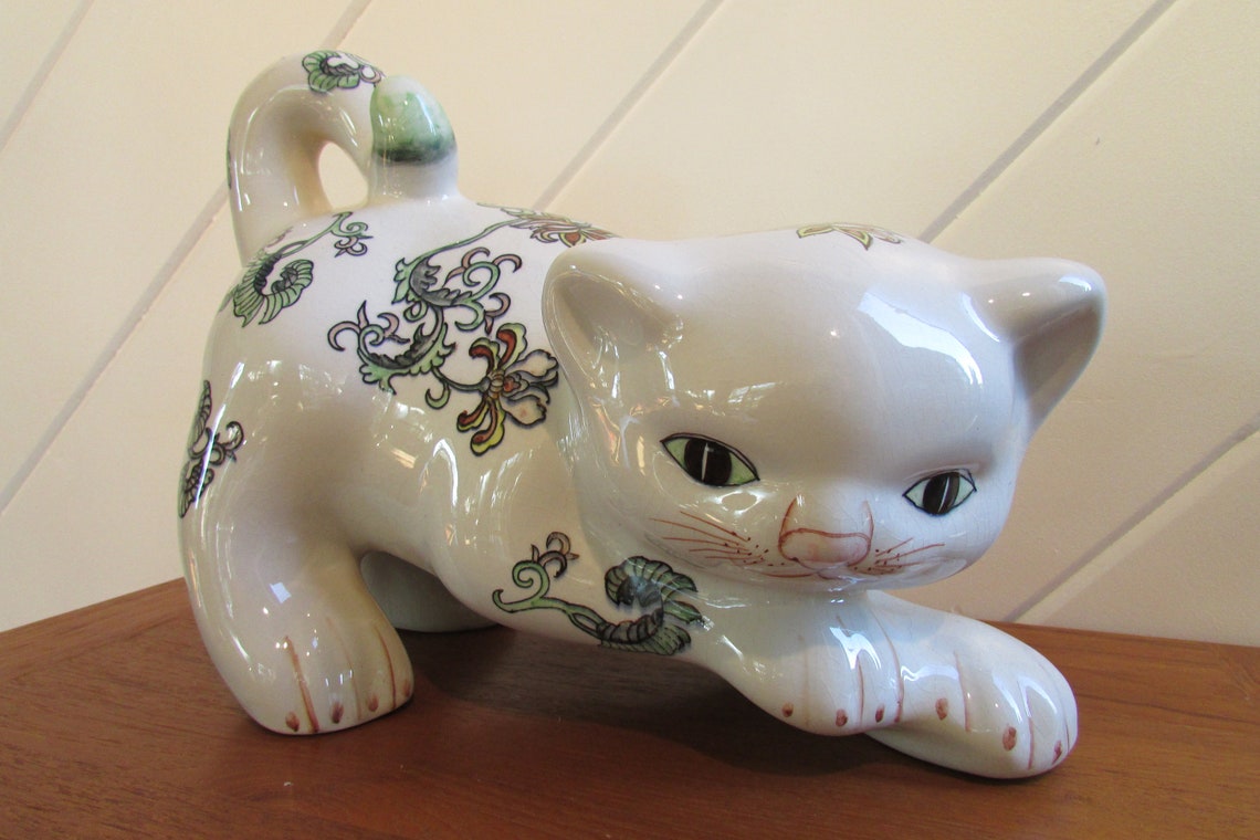 Vintage Ceramic Pottery Cat Kitty Large Painted With White Crackle ...