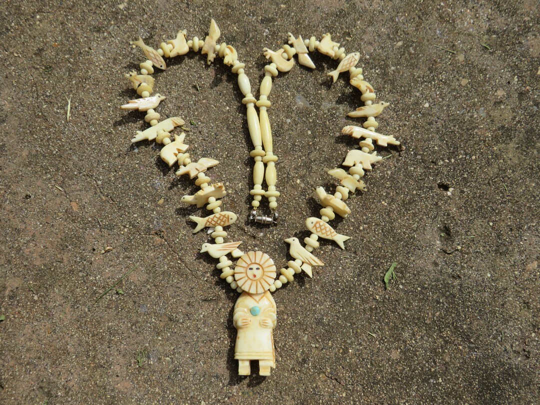 Vintage Native American Fetish Necklace Sun Kachina Carved Bone and ...