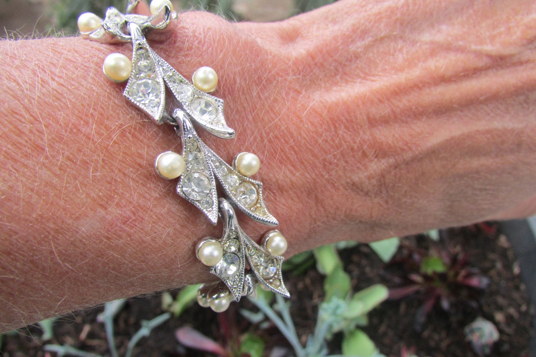 Vintage Henry Bogoff Rhinestone and Faux Pearl Bracelet Costume Jewelry ...