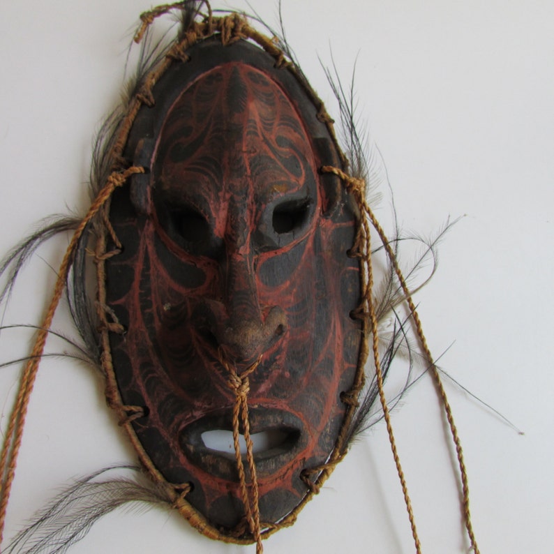 Carved Wooden Mask Oceana Feathers Raffia Cane Ethnographic Art - Etsy