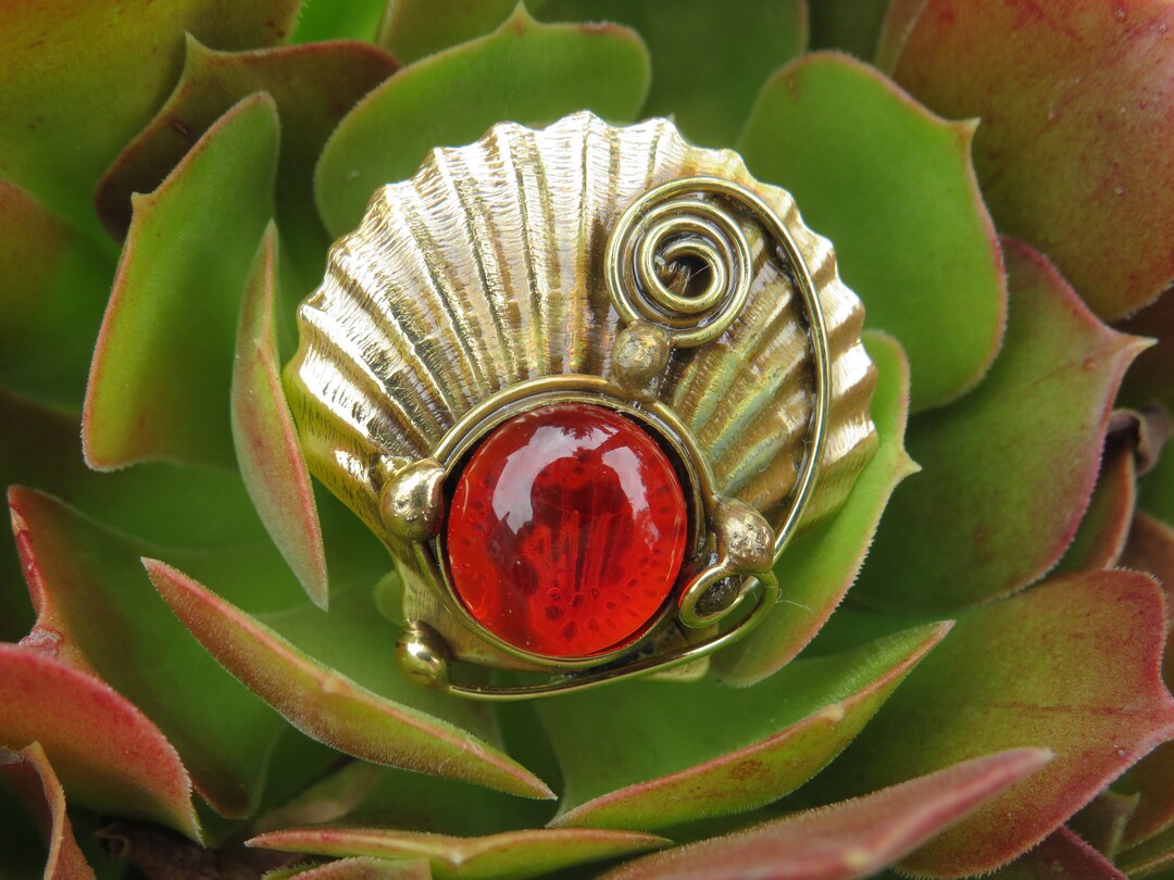 Brass and Copper Sea Shell Ring With Red Acrylic Center Stone ...
