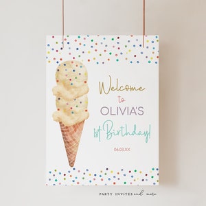 Ice Cream Welcome Sign, Editable Rainbow Ice Cream Birthday Welcome ...