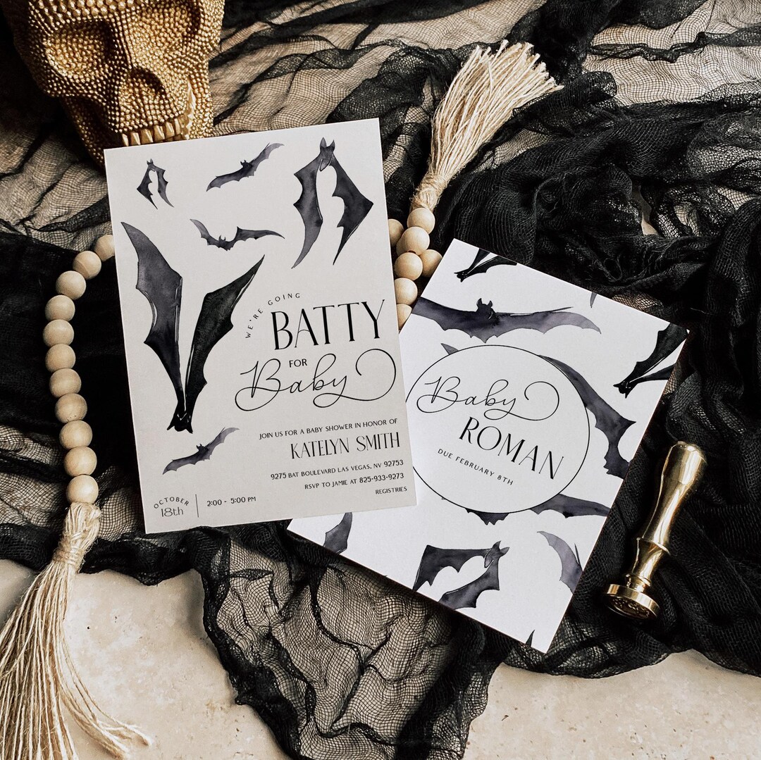 Halloween Baby Shower Invitation With Bats, Gothic Black and White Baby ...
