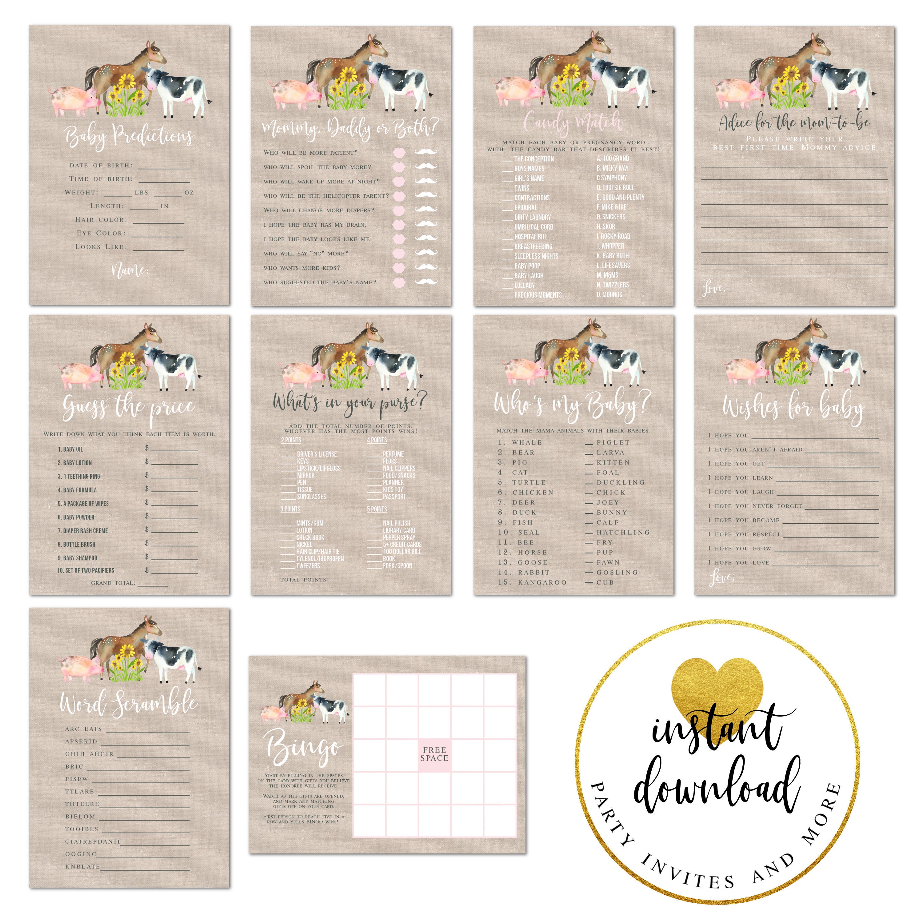 Farm Baby Shower Game Bundle Printable Game Cards Baby | Etsy