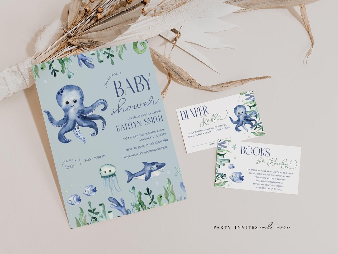 Ocean Baby Shower Invitation Set, Editable Nautical Baby Shower Invite ...