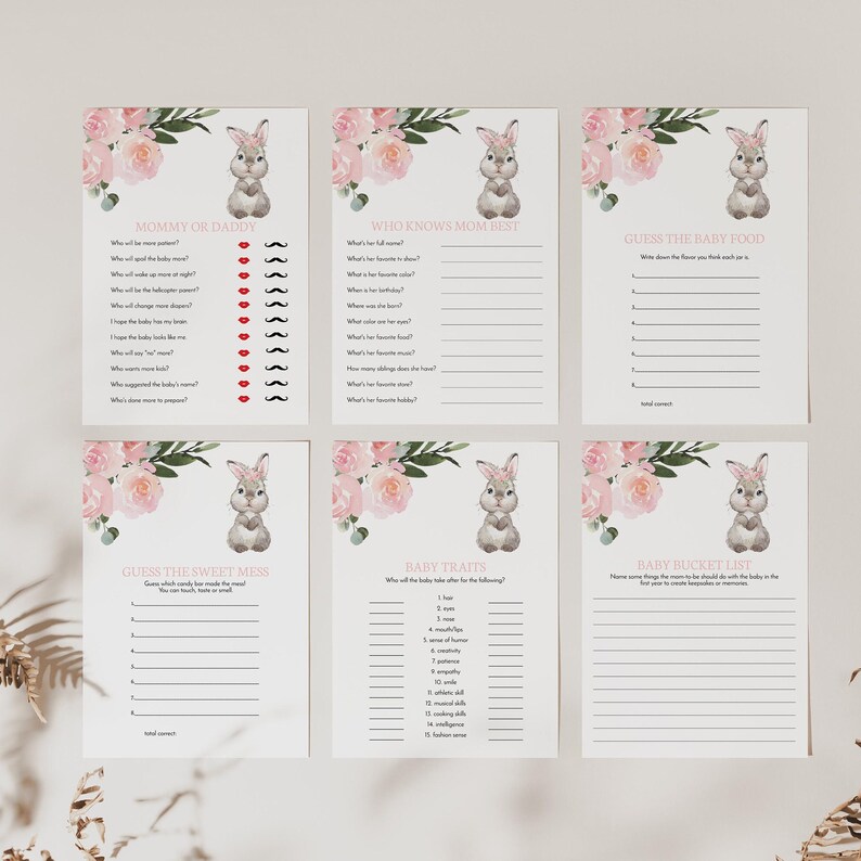 Bunny Baby Shower Game Bundles Printable Girl Floral and - Etsy
