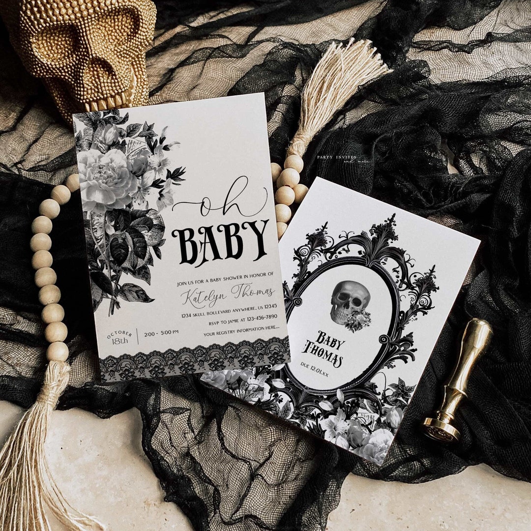 Gothic Halloween Baby Shower Invitation With Flowers Black - Etsy