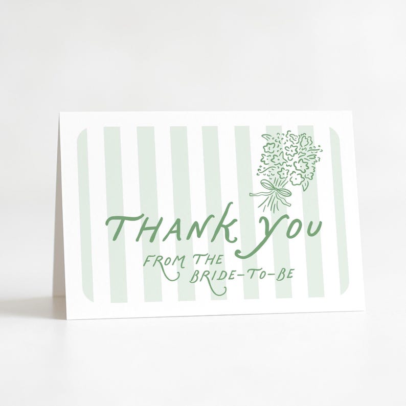 Green Bouquet Bridal Shower Thank You Card With Stripes, Minimalist ...