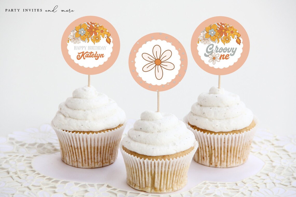 Editable Groovy Retro Birthday Cupcake Toppers Groovy One - Etsy