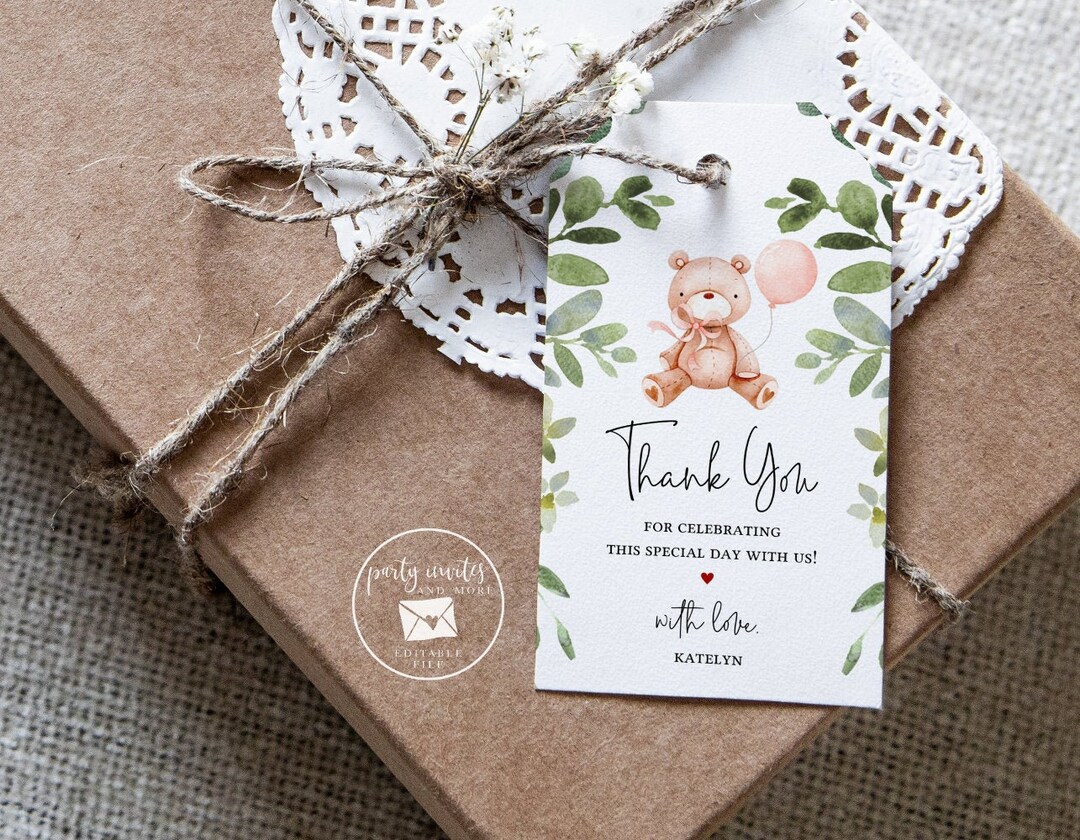 Editable Teddy Bear Gift Tag, Bear Baby Shower Hang Tag, Greenery ...