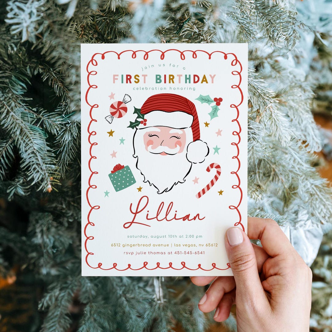 Colorful Christmas Birthday Invitation With Santa, Editable Kid Holiday ...