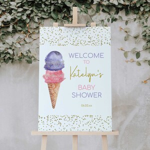 Editable Ice Cream Welcome Sign, Pink and Purple Ice Cream Baby Shower ...