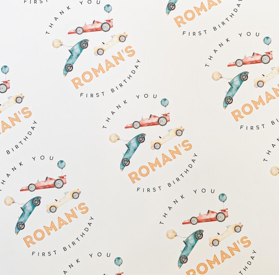 Race Car Birthday Favor Stickers | Retro Car Birthday Treat Bag Labels ...