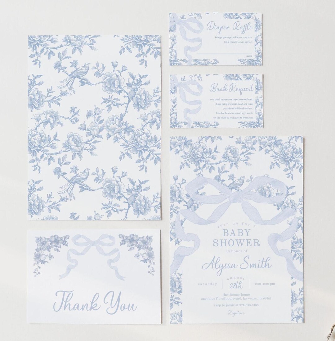 Light Blue Bow and Toile Baby Shower Invitation Set, Blue Bow Floral ...