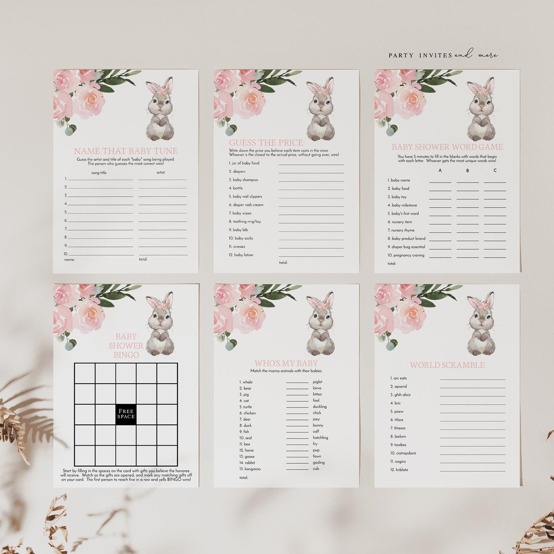 Bunny Baby Shower Game Bundles Printable Girl Floral and - Etsy
