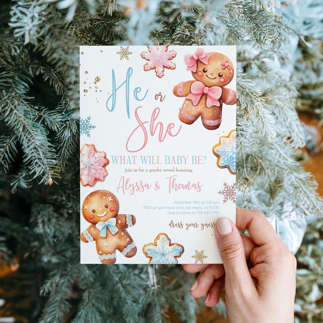 Holiday Gingerbread Cookie Gender Reveal Invitation, Pink and Blue ...