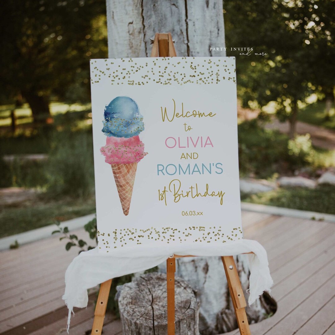 Editable Ice Cream Welcome Sign, Pink and Blue Ice Cream Birthday ...