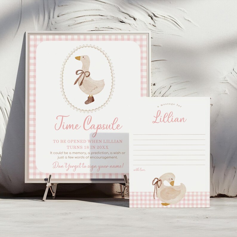 Pink Gingham and Goose Birthday Time Capsule Sign and Message Cards ...