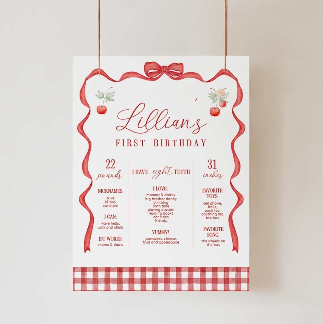 Cherry Birthday Party Milestone Sign, Editable Ribbon and Gingham ...
