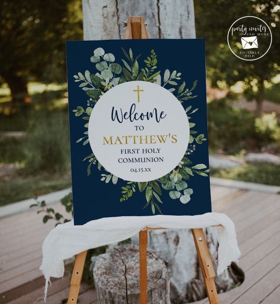 Navy and Greenery First Holy Communion Welcome Sign Baptism | Etsy