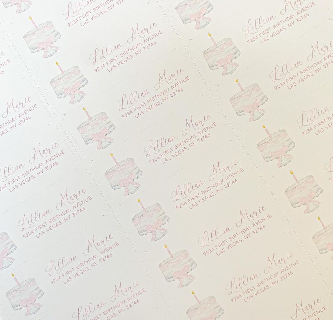 Pink Bow First Birthday Return Address Stickers, Gingham Cake Birthday ...
