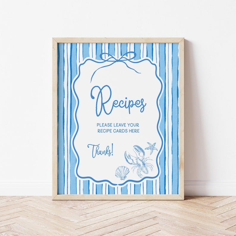 Coastal Bridal Shower Recipe Cards and Sign, Blue Stripes and Seashells ...