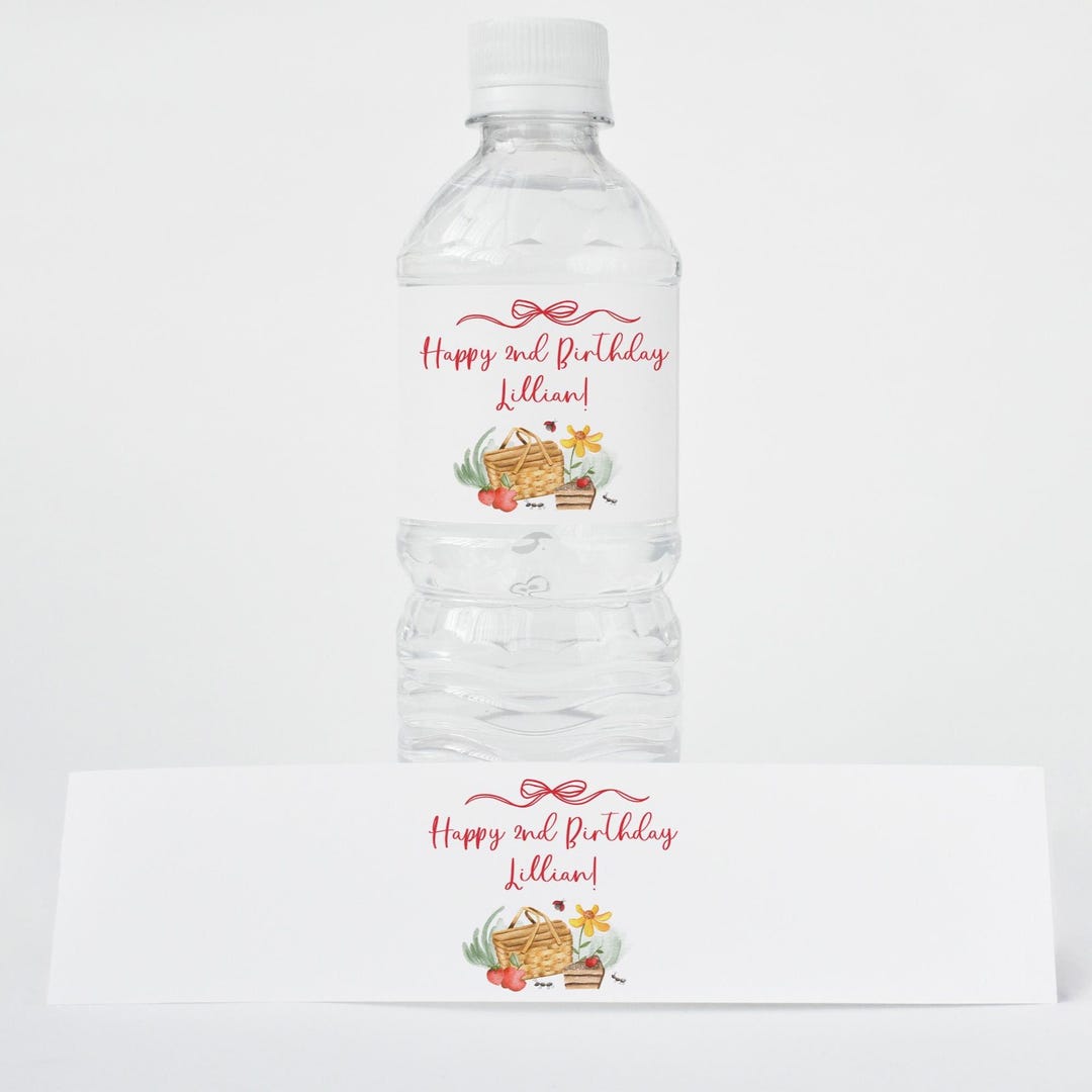 Printed Picnic Birthday Party Water Bottle Labels With a Bow, Girl ...