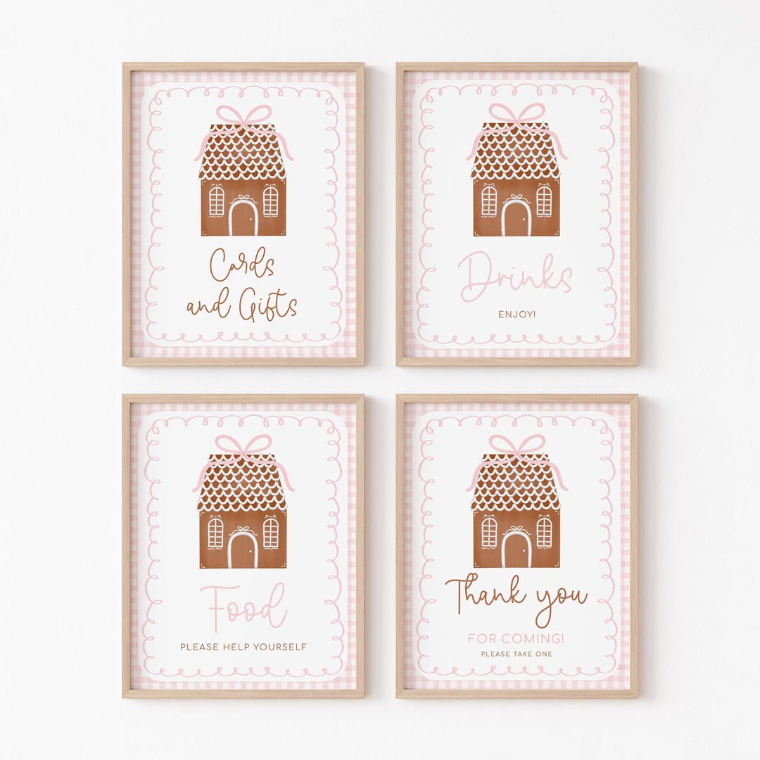 Pink Gingerbread House Birthday Party Table Signs, Girl Gingerbread ...
