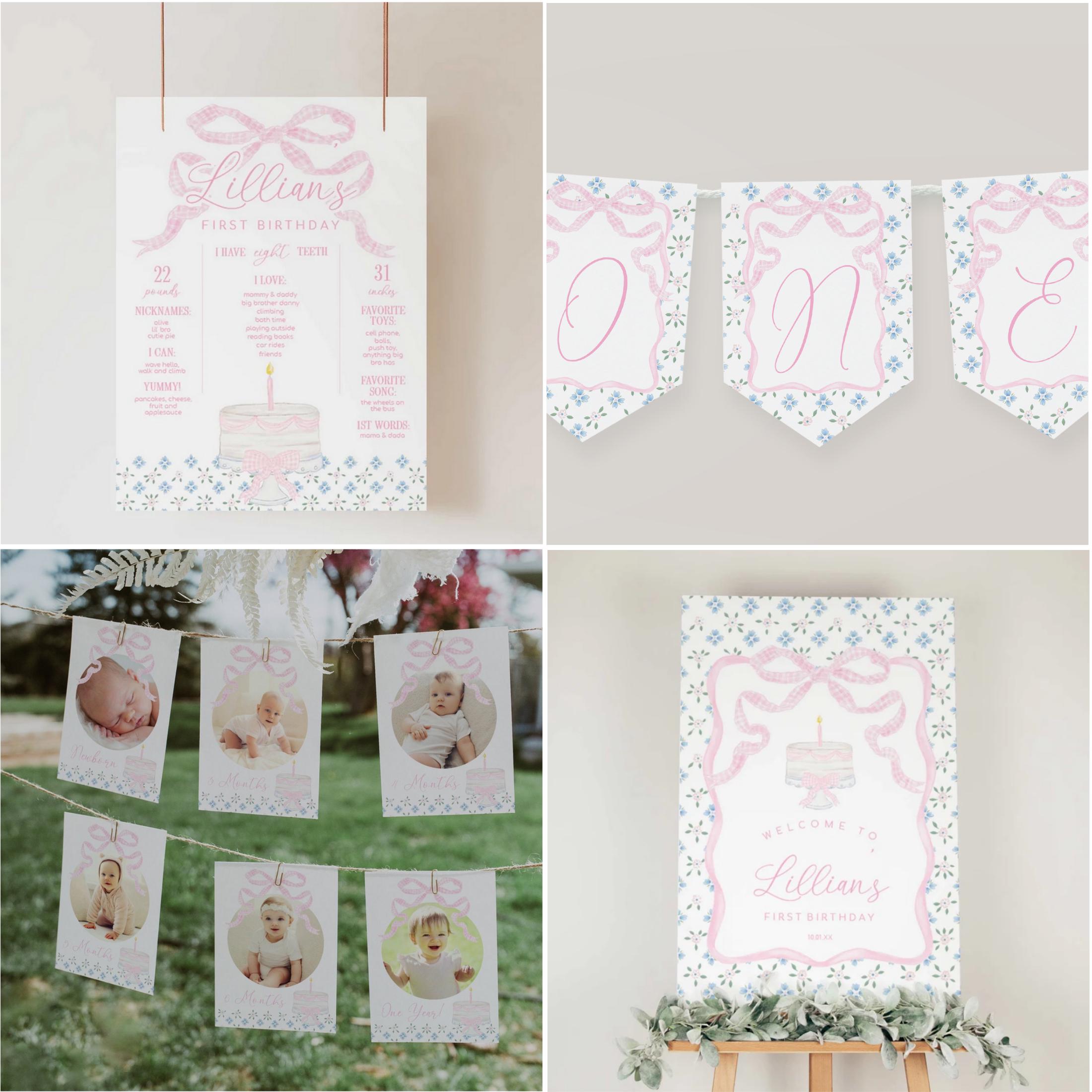 Pink Gingham 1st Birthday Invitation Bundle, Cake & Flowers Party Set ...