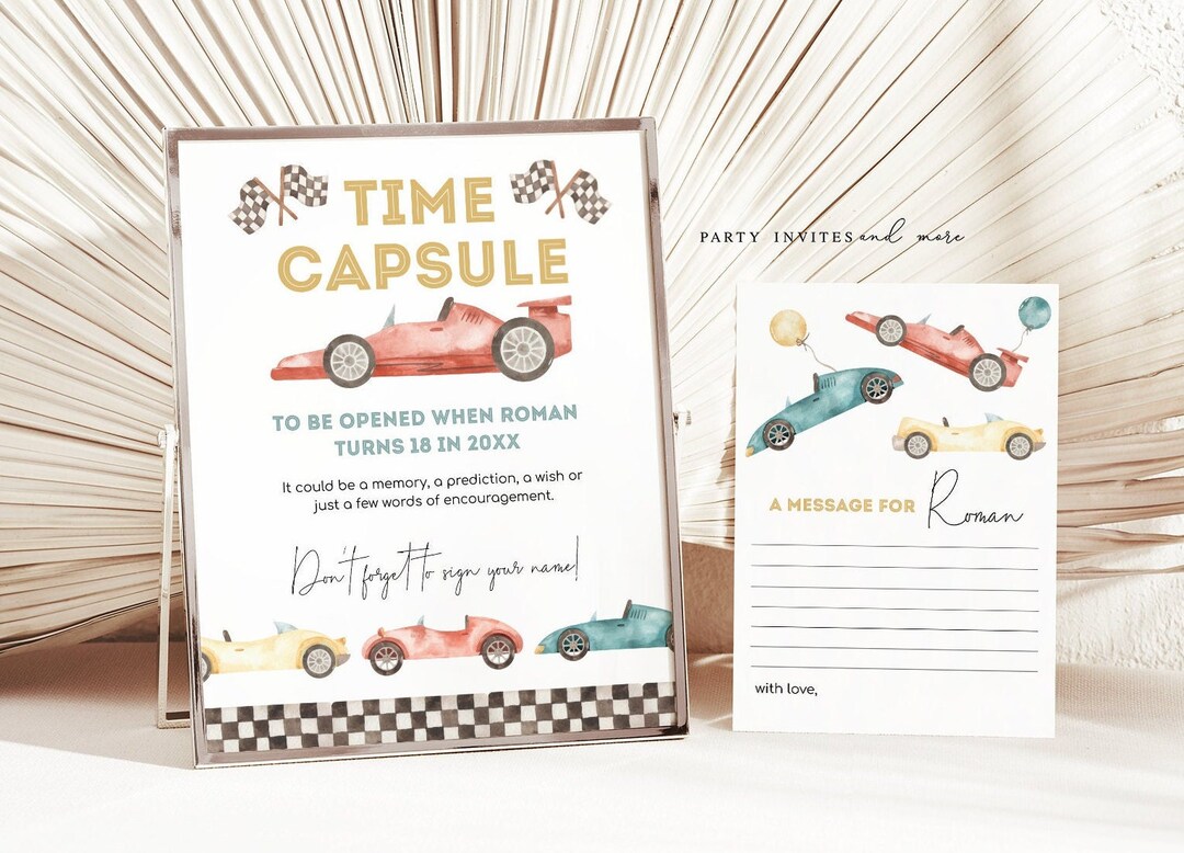 Race Car Time Capsule Sign and Card, Editable Retro Car First Birthday ...