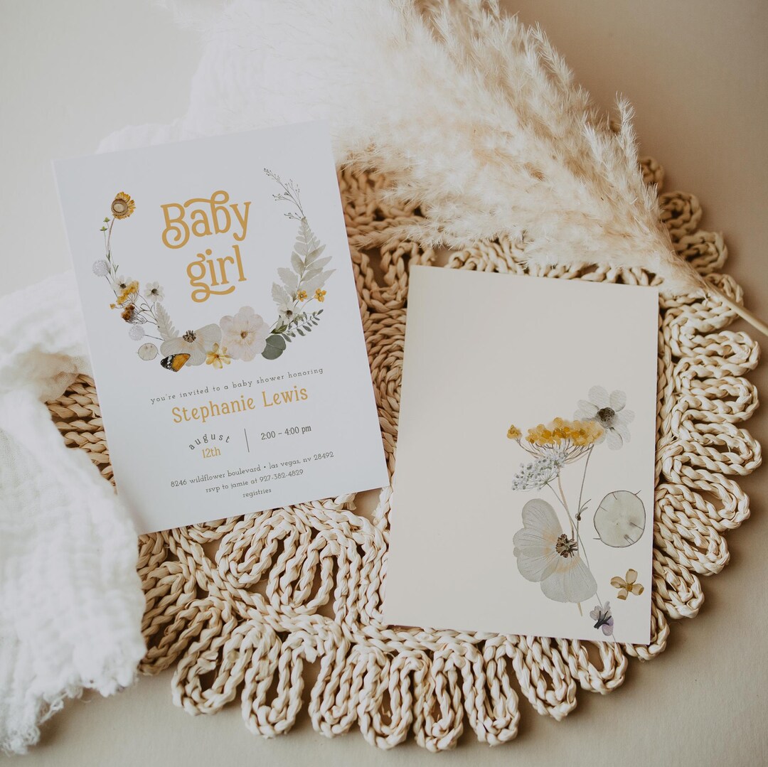 Editable Yellow Wildflower Baby Shower Invitation, Pressed Flowers Baby ...