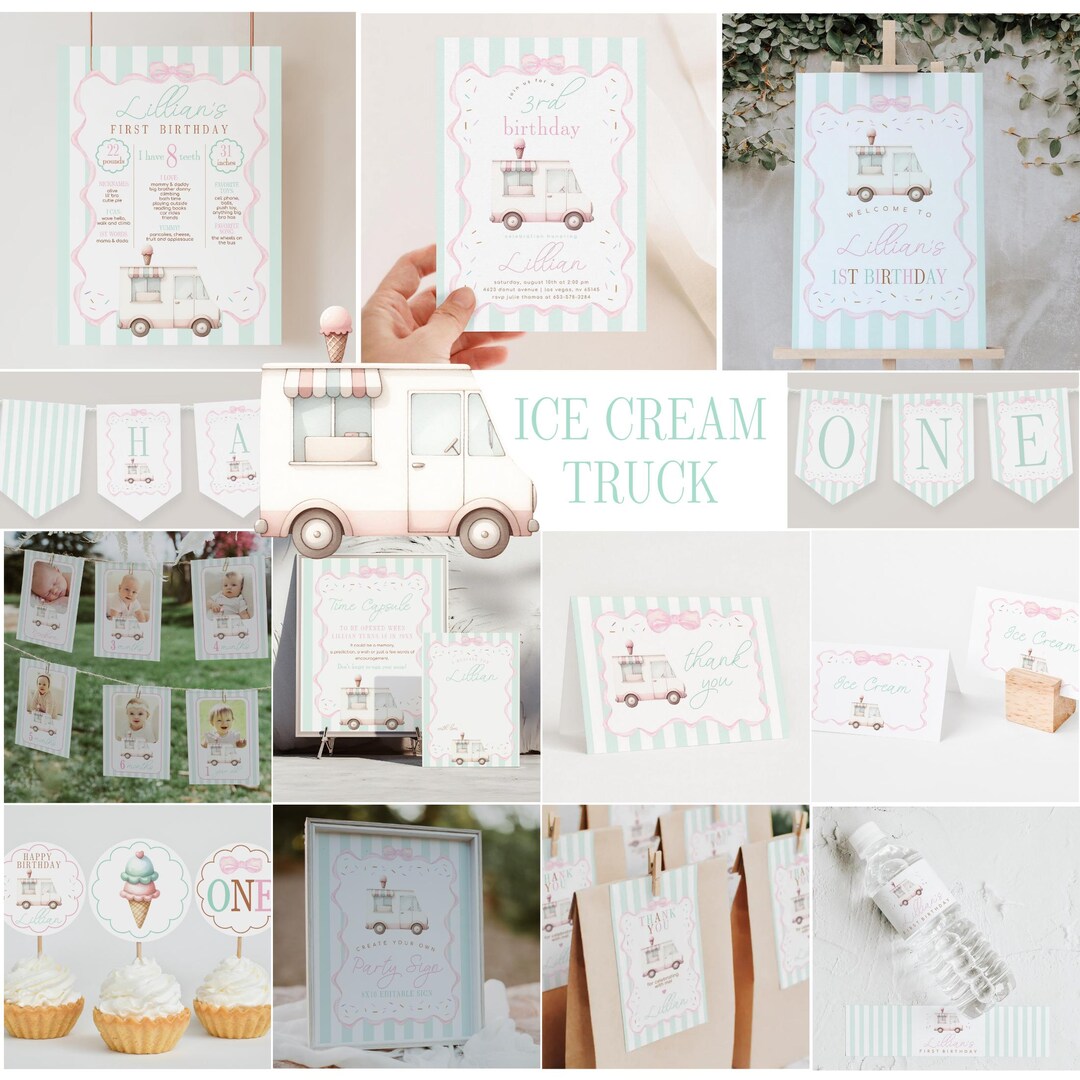 Pastel Ice Cream Truck Birthday Party Kit With Mint Green Stripes, Girl ...
