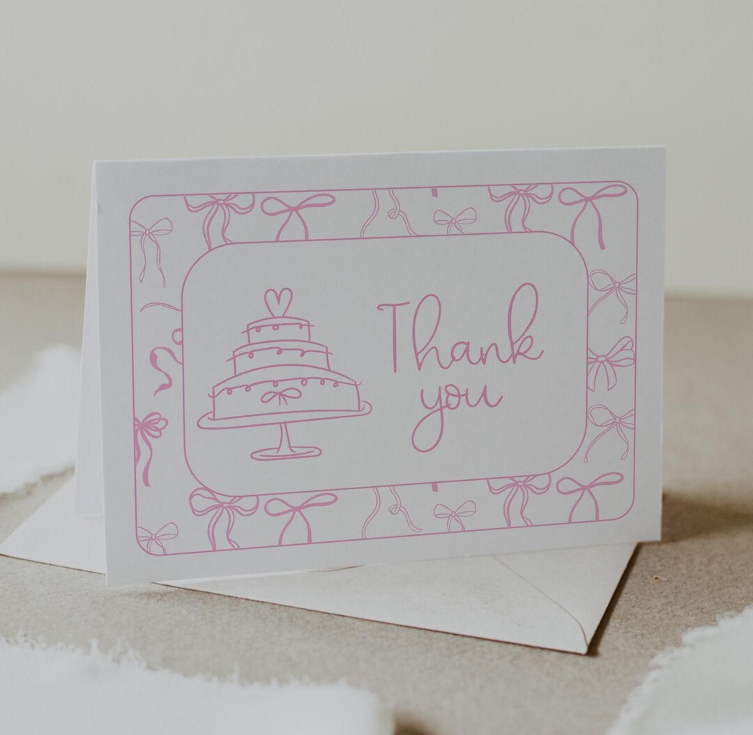 Pink Bow and Cake Birthday Thank You Cards, Printed Pink Bow Birthday ...