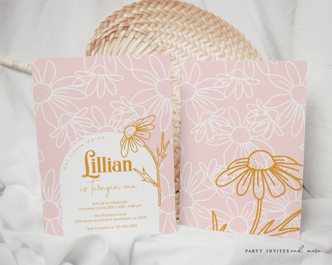 Pink Daisy Birthday Invitation, Modern Daisy 1st Birthday Invite ...
