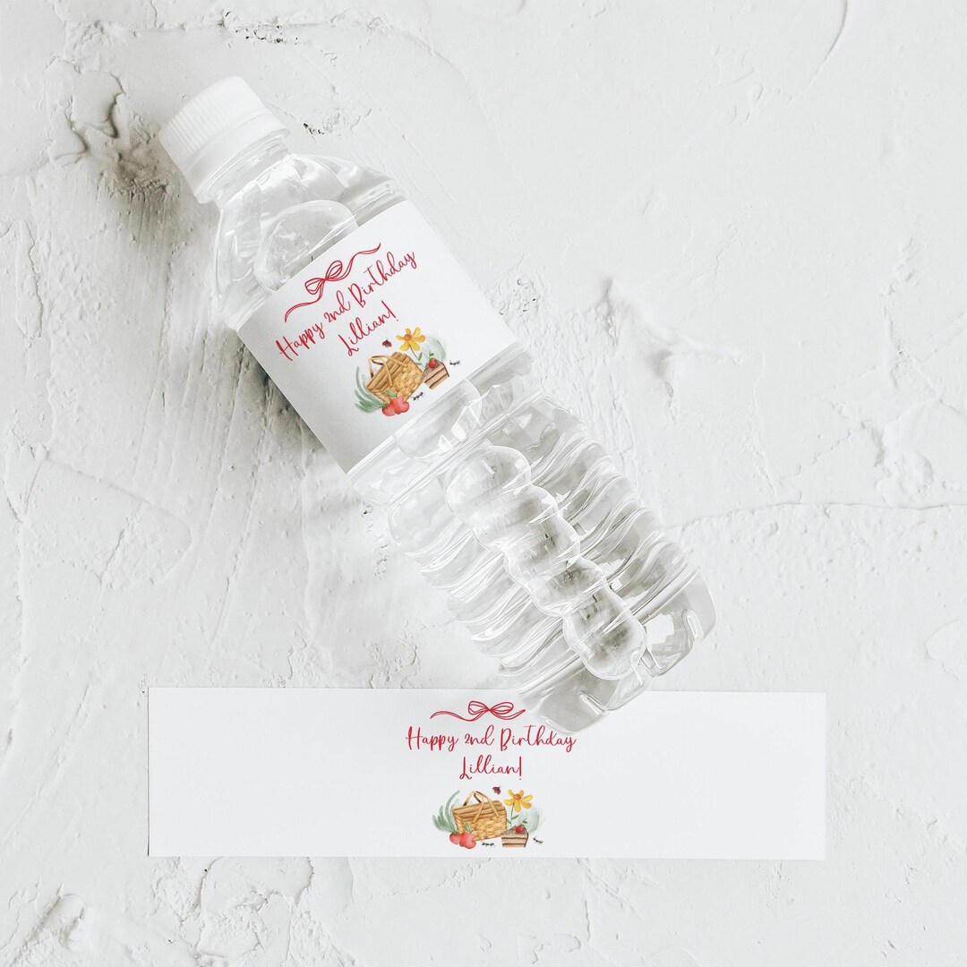 Picnic Birthday Water Bottle Label With Bow, Editable Picnic Water ...