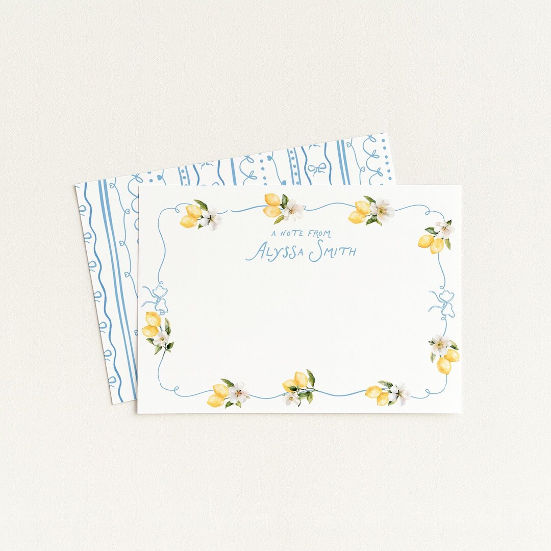 Personalized Preppy Lemon Stationery, Blue and Yellow Lemon Note Cards ...