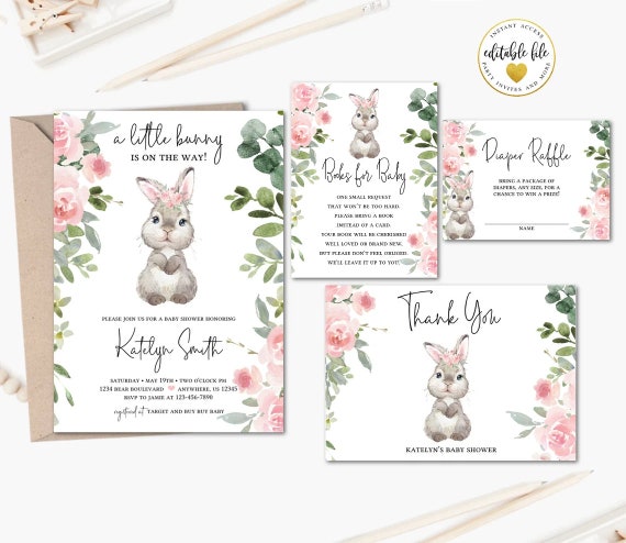 Editable Bunny Baby Shower Invitation Bundle Girl Bunny | Etsy