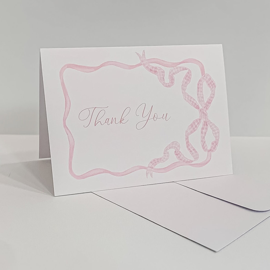Pink Bow Thank You Cards, Printed Gingham Ribbon Bow Stationery, Set of ...