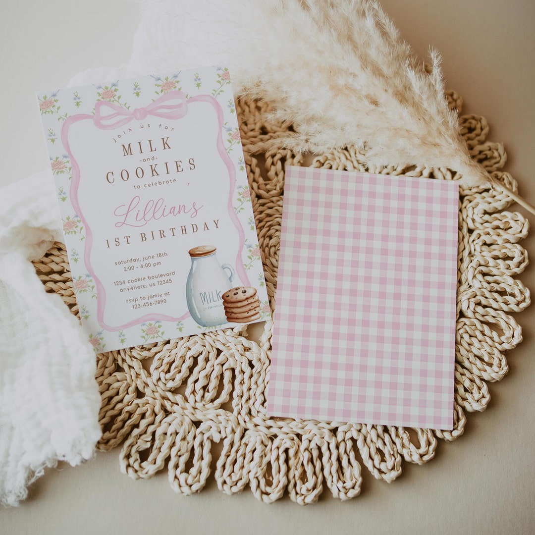 Milk and Cookies Birthday Invitation, Girl Floral and Gingham Milk and ...