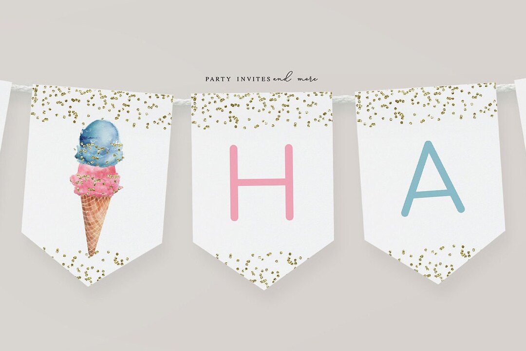 Ice Cream Birthday Banner, Pink & Blue Watercolor, Editable (digital ...