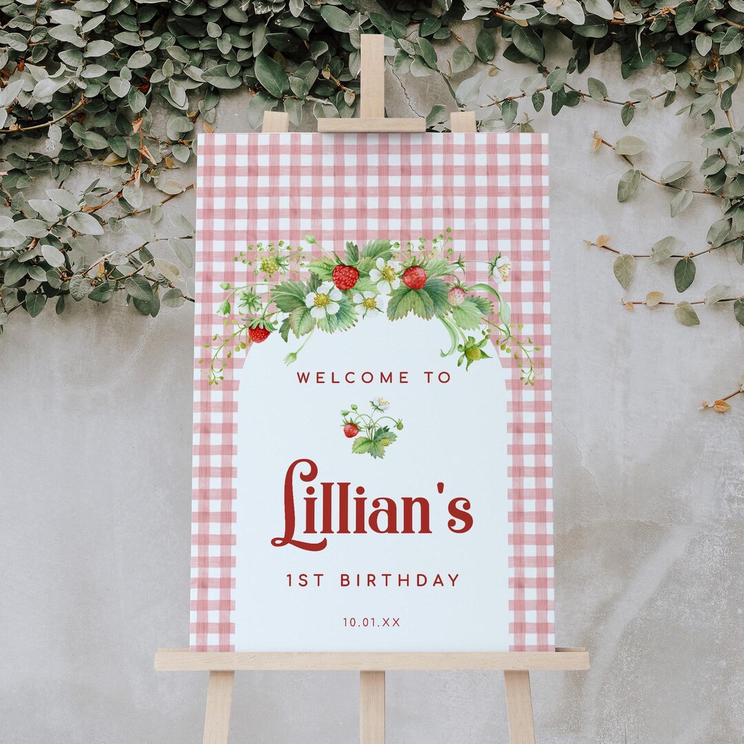 Strawberry Birthday Party Welcome Sign With Gingham, Strawberry and ...