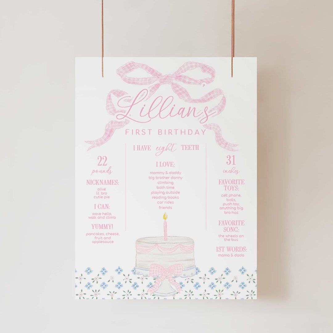 Pink Bow With Gingham Cake Birthday Party Milestone Sign, Editable ...