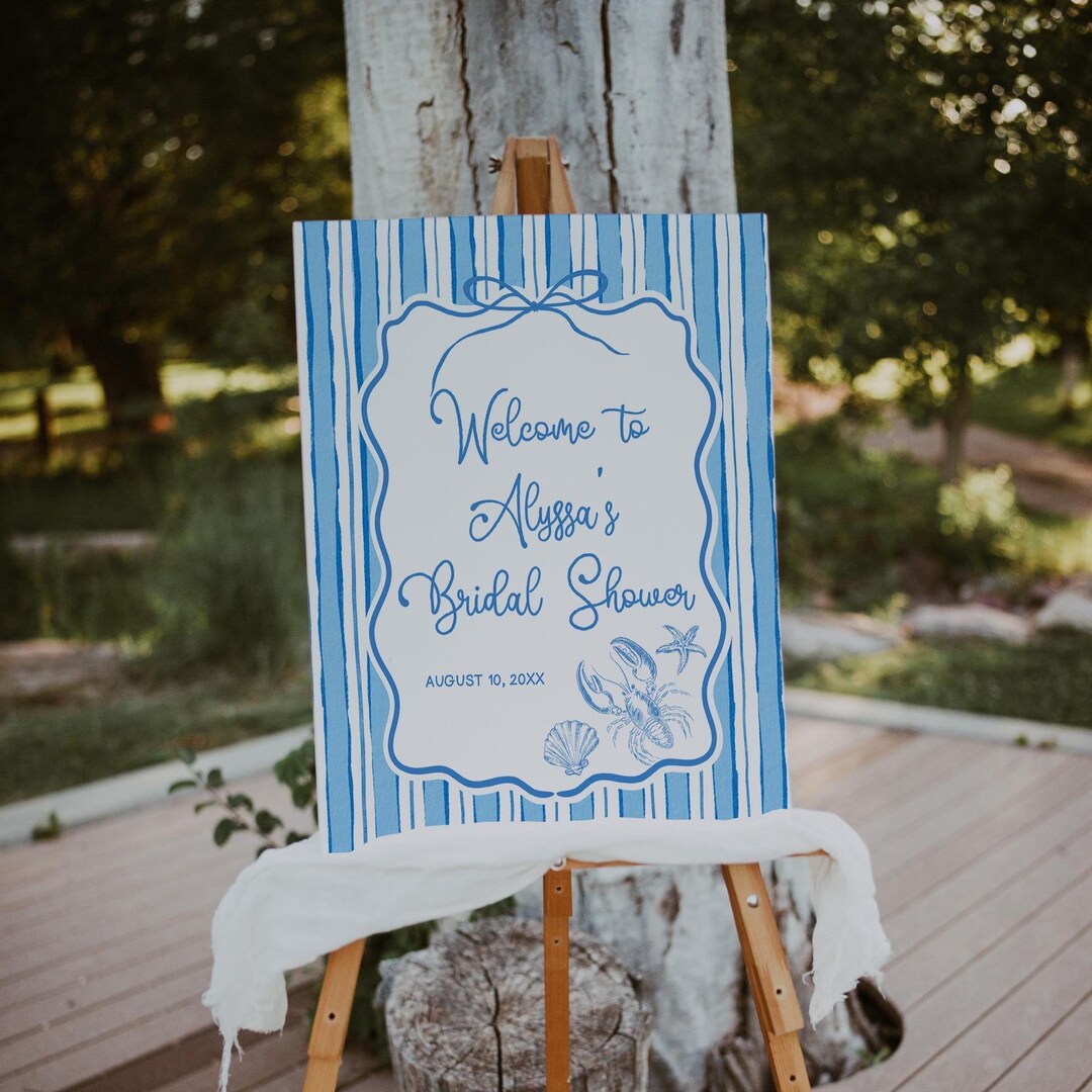 Coastal Bridal Shower Welcome Sign, Blue Stripes and Seashells ...