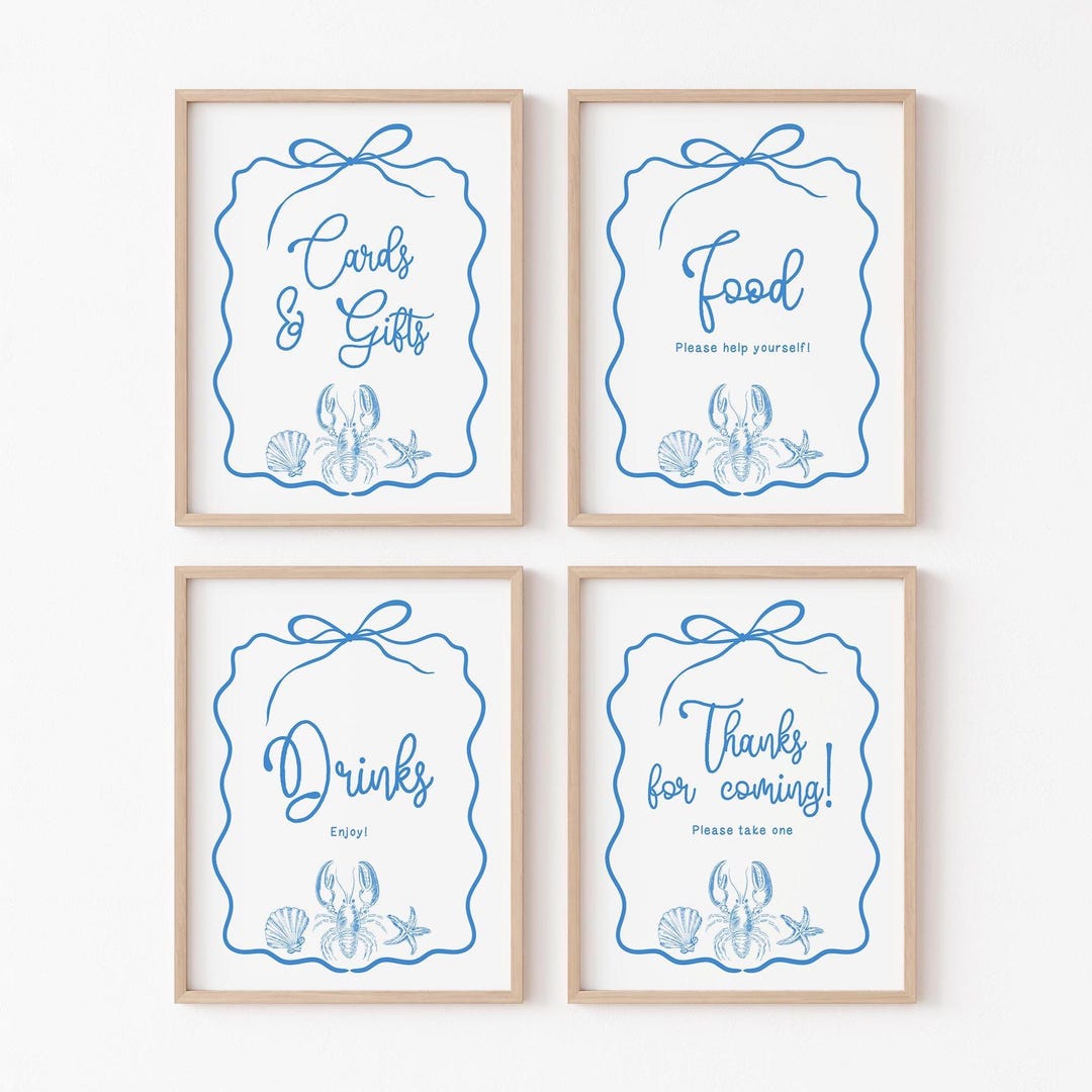 Coastal Bridal Shower Table Signs, Blue Bow Frame and Seashells Signs ...
