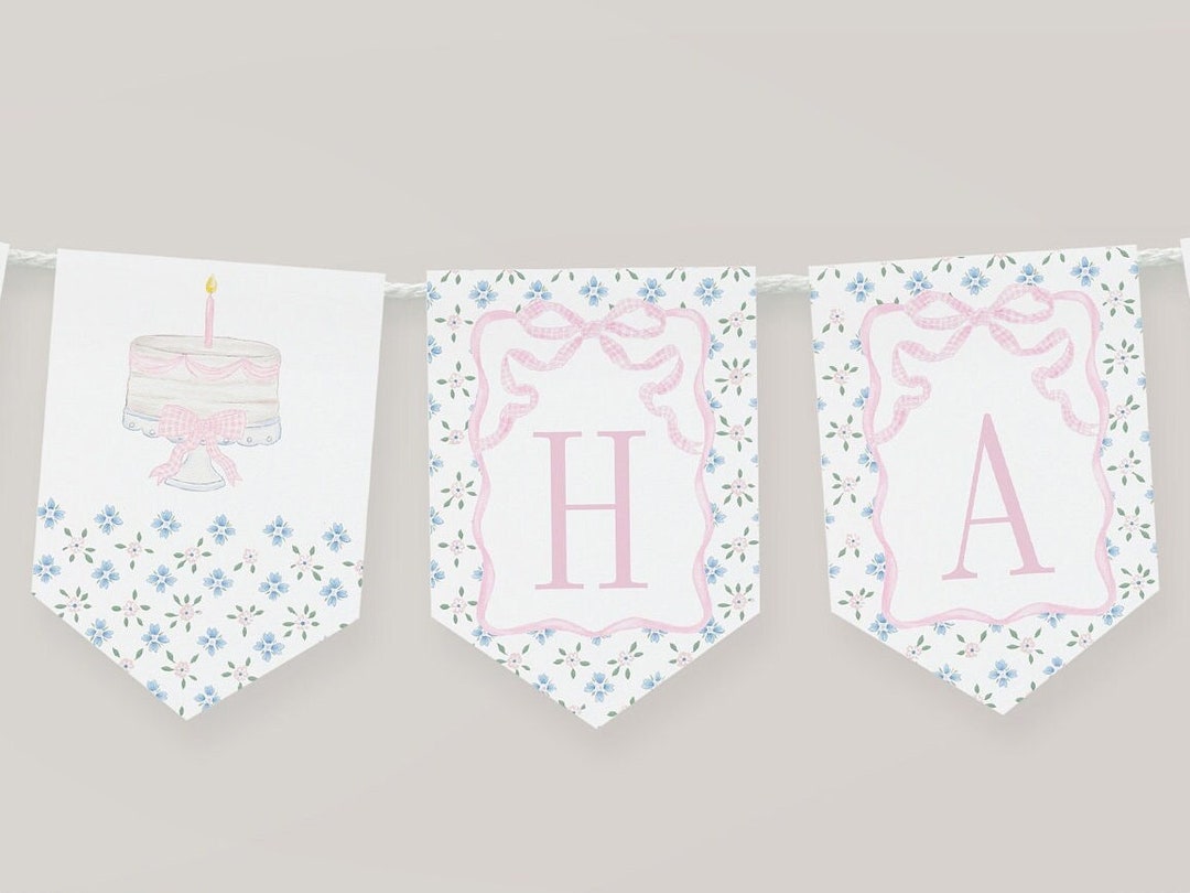 Pink Bow With Gingham Cake Birthday Party Banner, Editable Floral ...